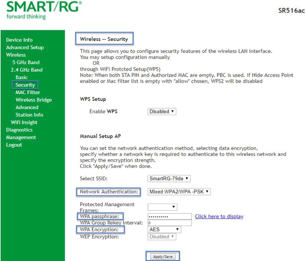 SmartRG 516 wireless network instructions